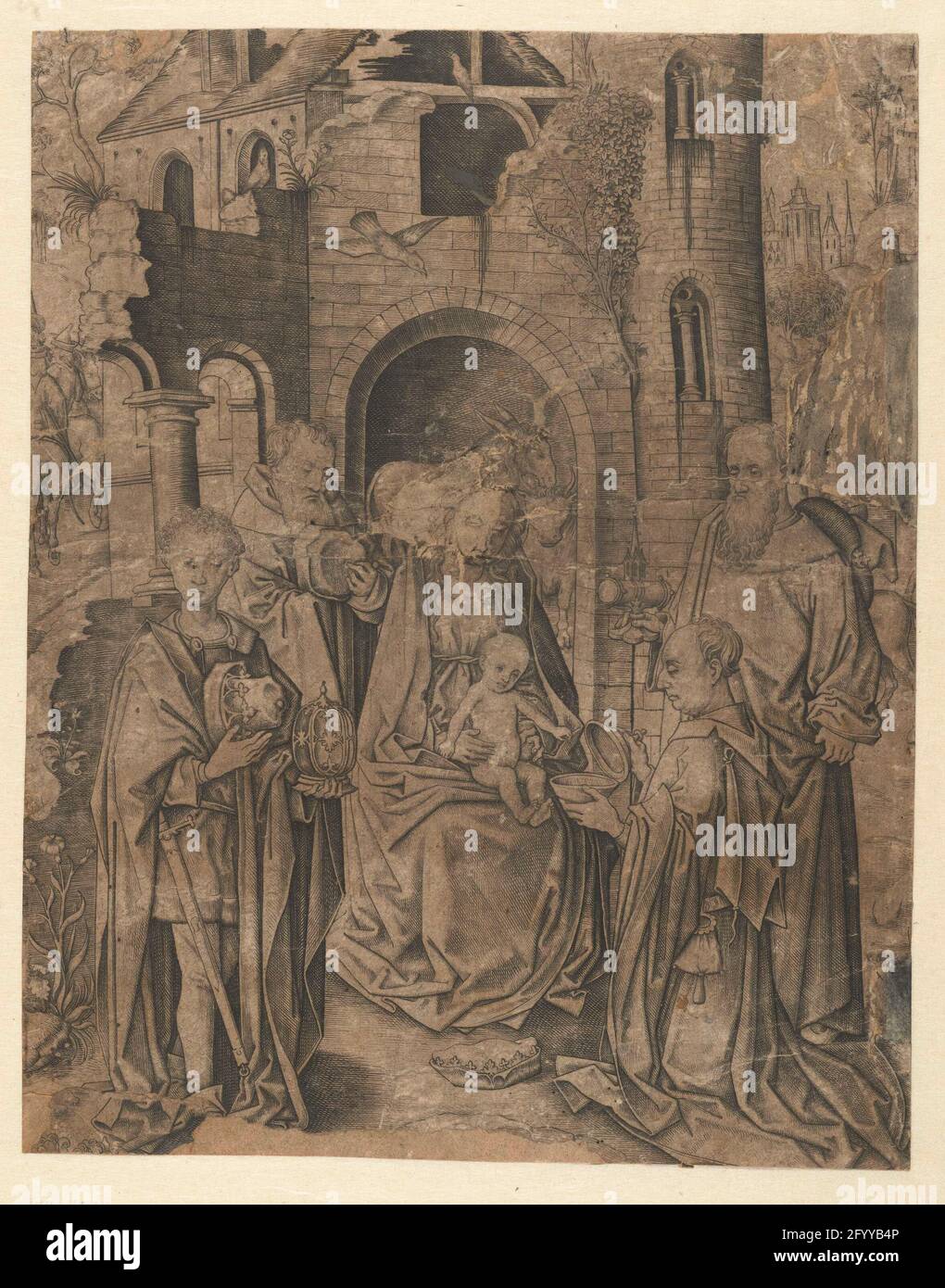 Worship of kings. Three kings offer gifts to Christ child on his lap ...