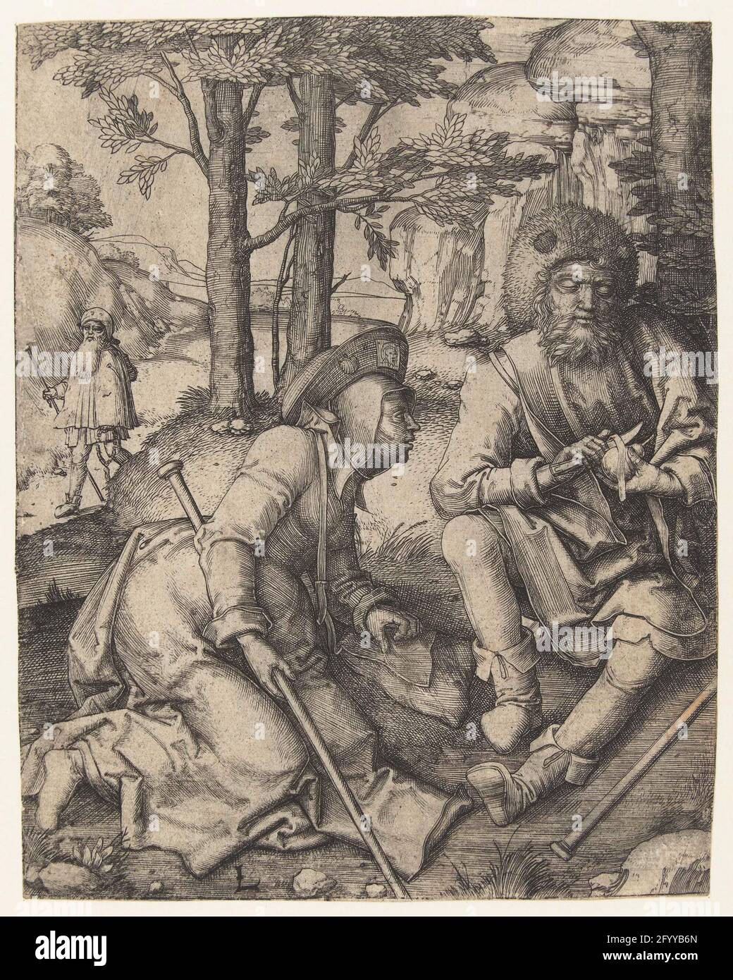 Three pilgrims. Male and female pilgrim sitting in a landscape with ...