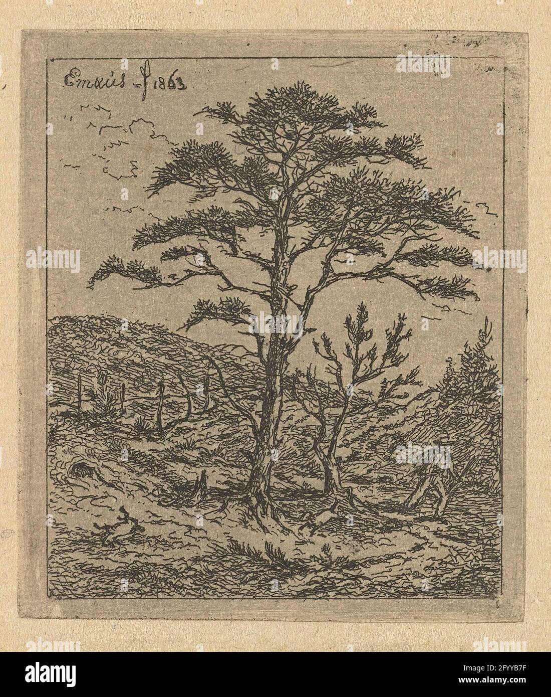 Landscape with hunter and den; De Den. In a landscape with two pine ...
