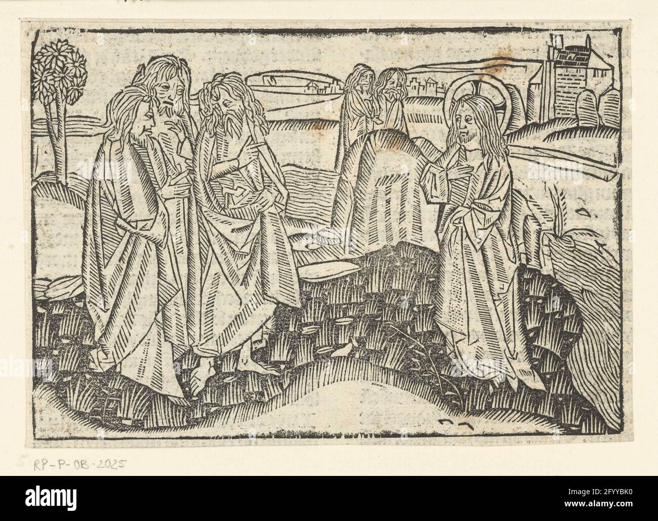 Christ chooses his first disciples. Christ and five men in landscape ...
