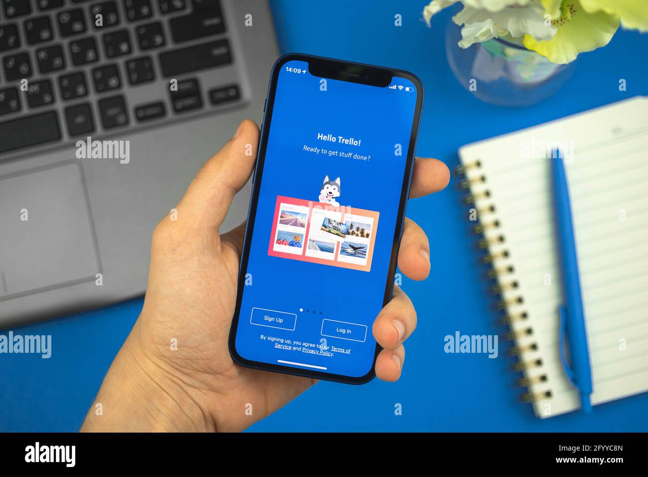 Kharkov, Ukraine - May 28, 2021: Man use Trello app on the screen of ...