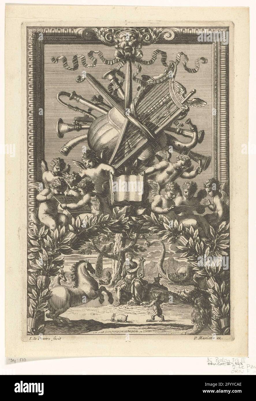 Trophy of musical instruments to ribbon; Trophées d'Armes à l'Italienne ...