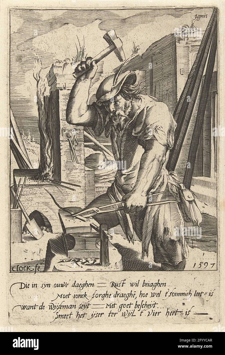 Fire; Ignis; The four elements. A blacksmith at work in his blacksmith ...