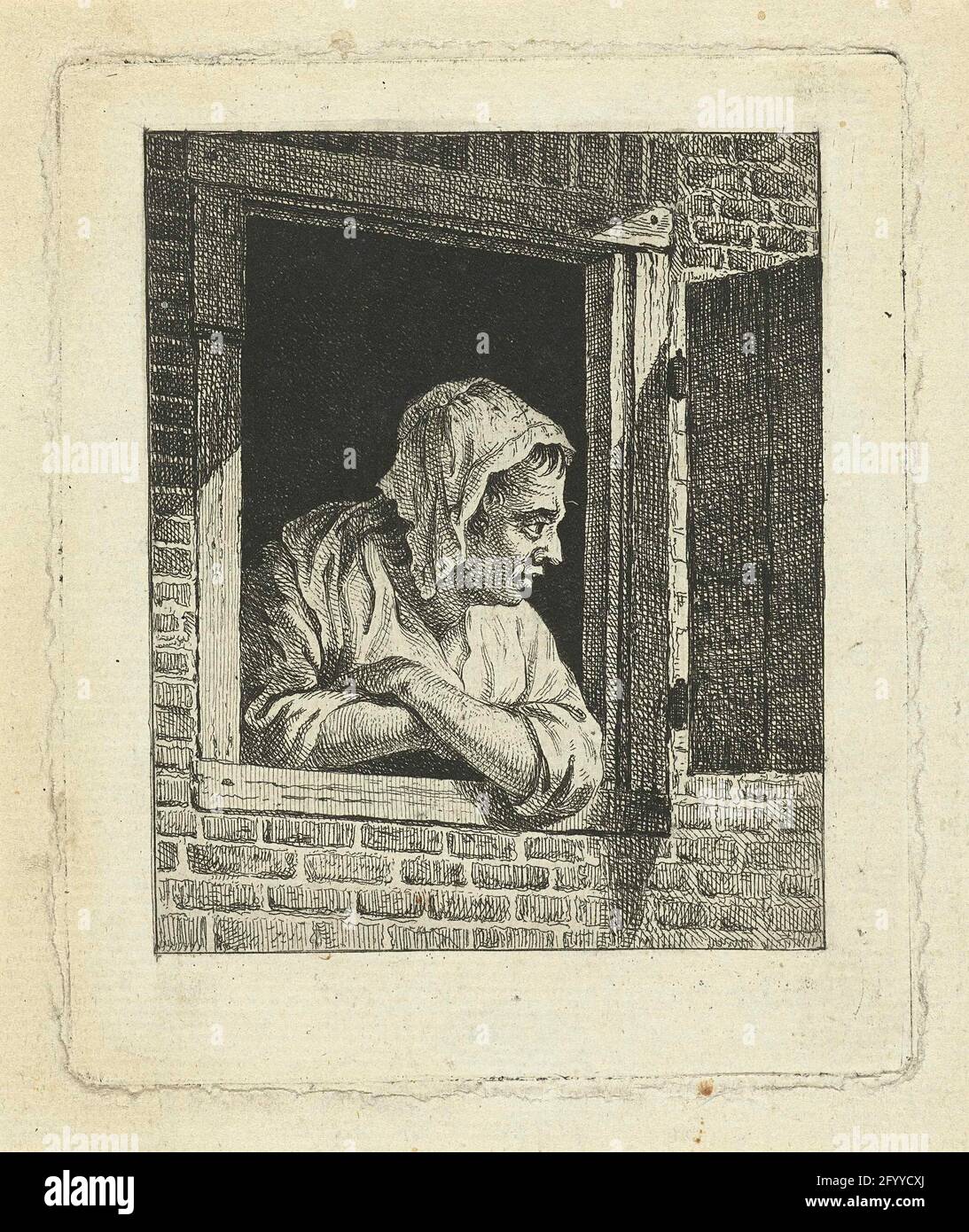 Woman leaning on arms in window opening Stock Photo - Alamy