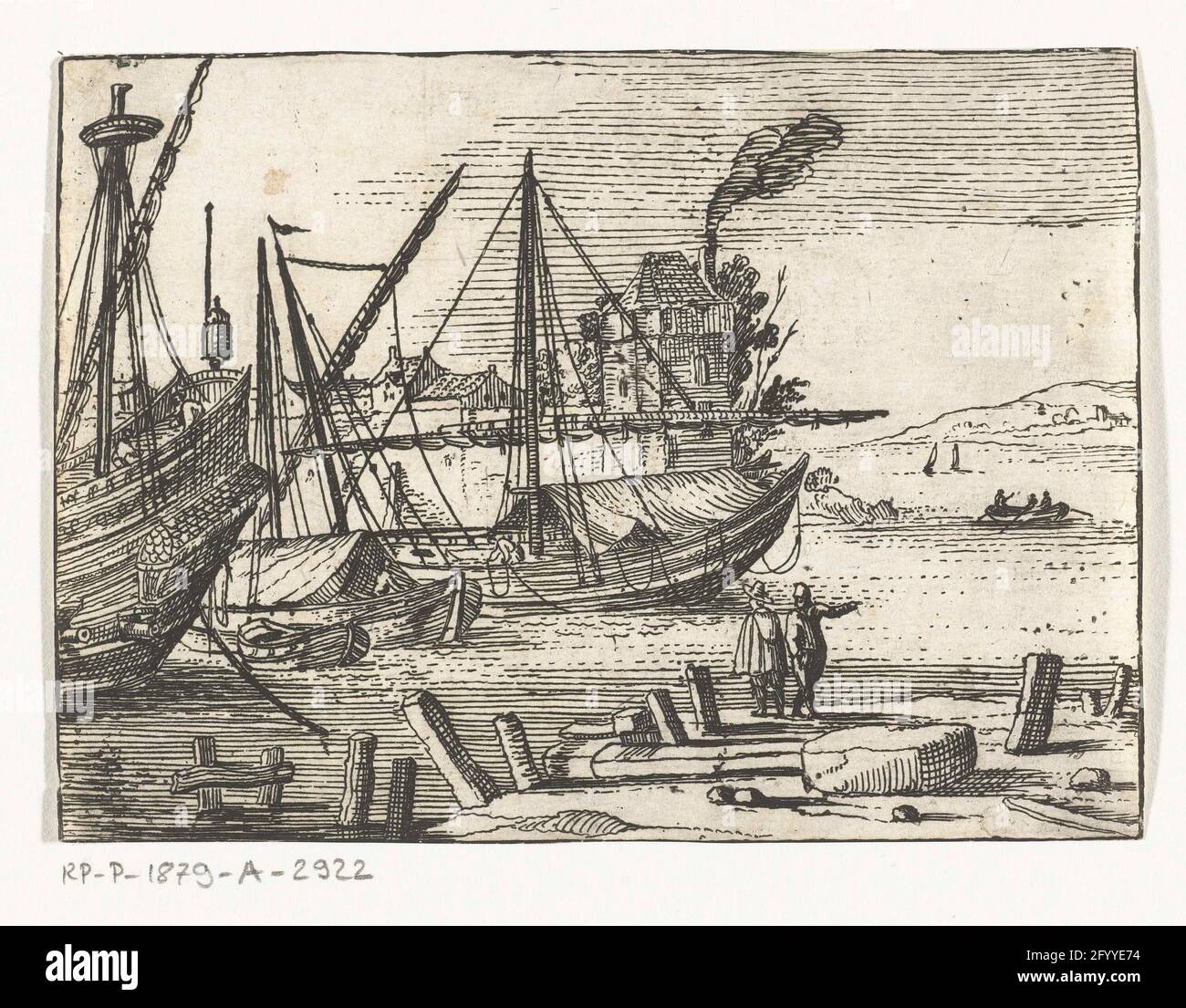 Port face with two sailing ships and a galleon, two men are on the quay ...