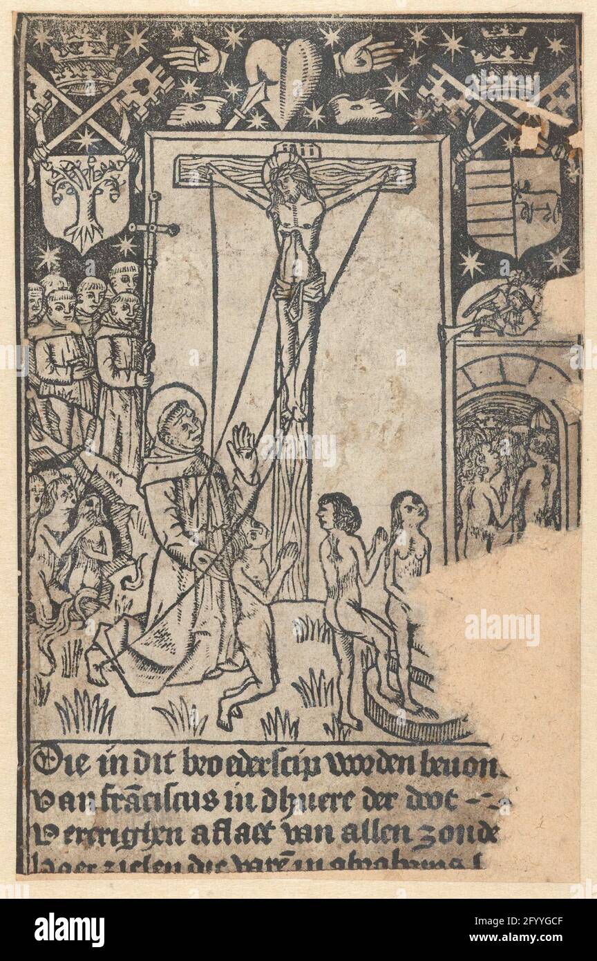 Christ on the cross with the Holy Francis and the last judgment. The ...