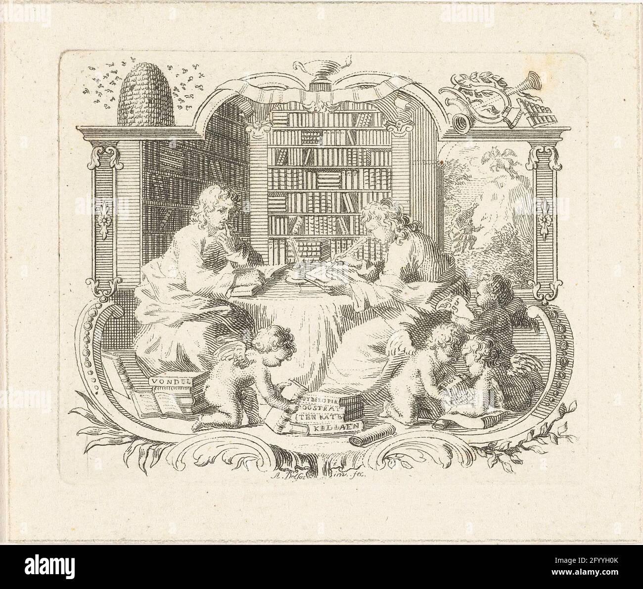 Two young scholars in a library, in cartouche. Two young scholars at ...