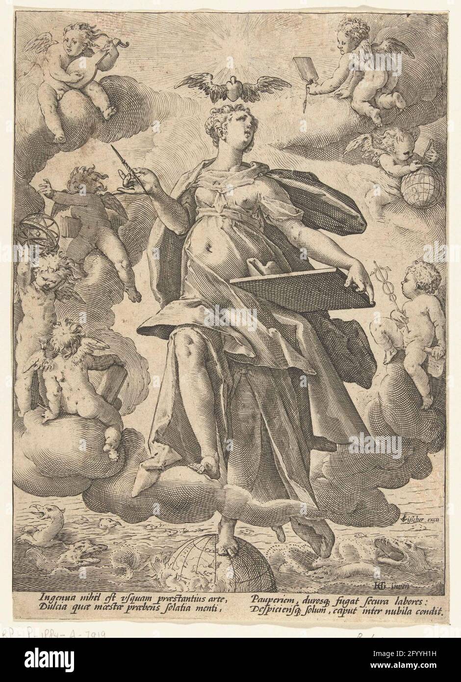 Allegory on art. A woman with a pen in one hand and a writing table or ...