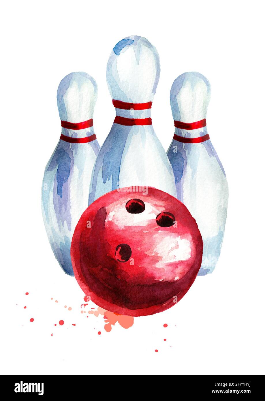Bowling ball with pins. Watercolor hand drawn illustration isolated on ...