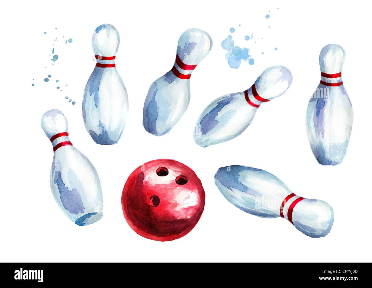 Bowling ball and pins set. Watercolor hand drawn illustration isolated ...