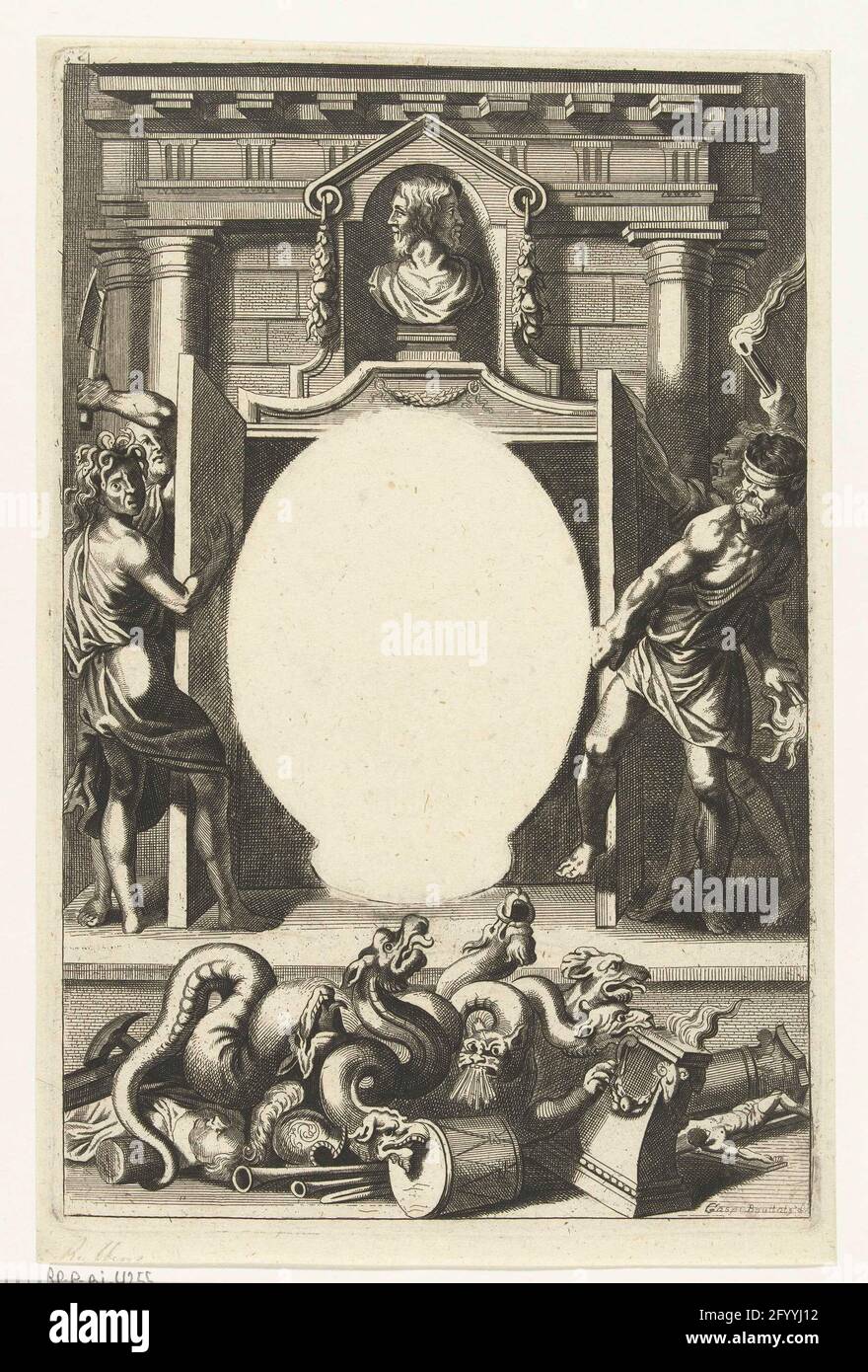 Allegorical frame. Janus's front of the temple. At the top of a niche ...