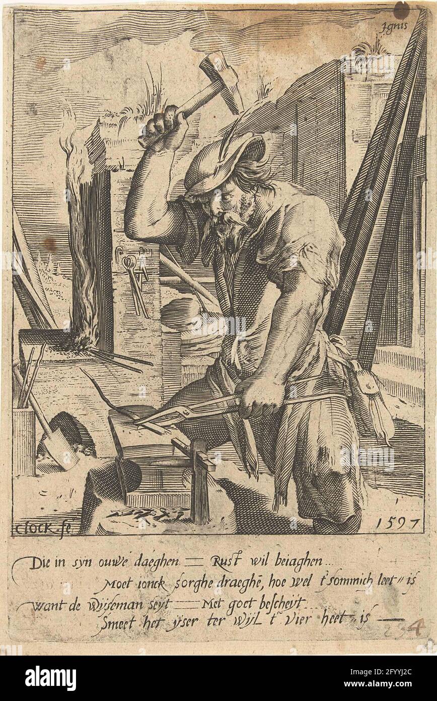 Fire; Ignis; The four elements. A blacksmith at work in his blacksmith ...