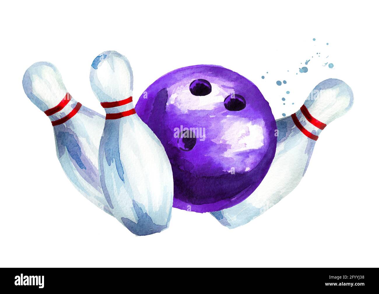 Bowling ball with pins. Watercolor hand drawn isolated illustration ...