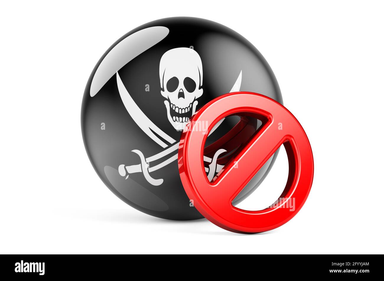 Forbidden sign with piracy flag, 3D rendering isolated on white ...