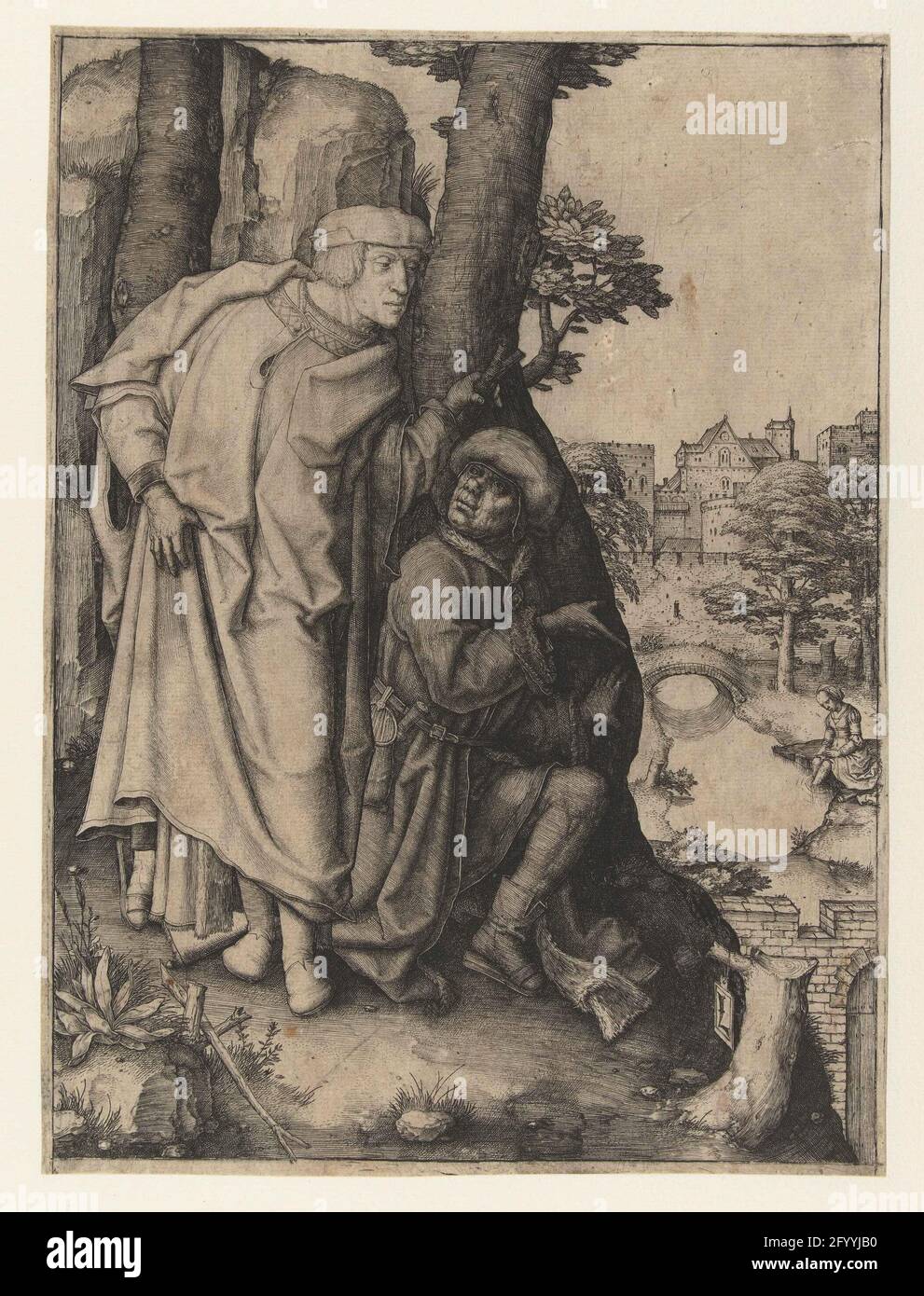 Suzanna and the elders. Two elders hide behind a tree and peeking to ...