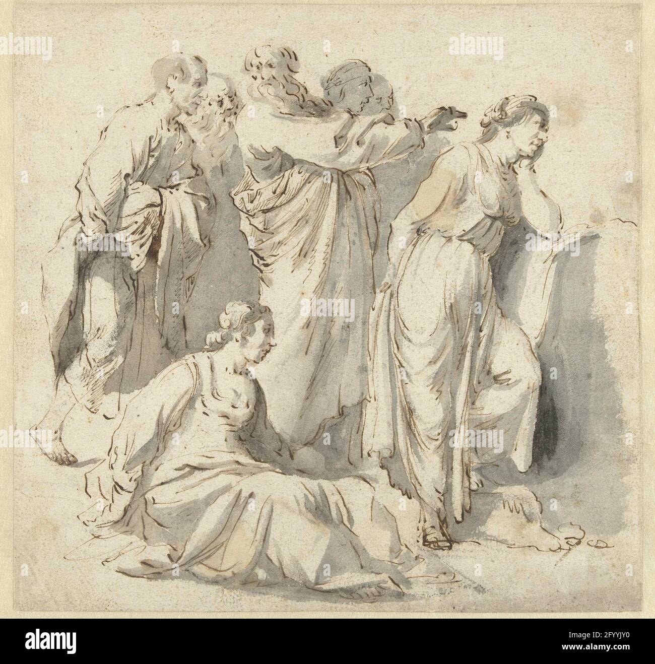 Group of people in antique clothes, looking to the right Stock Photo ...