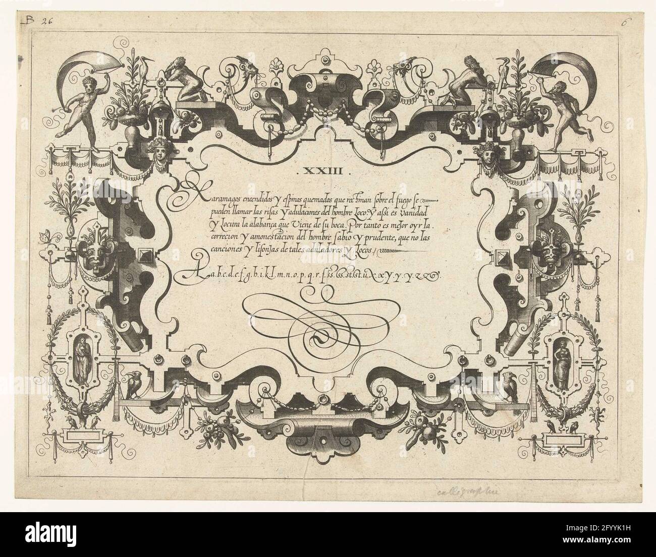 Cartouche with calligraphy, left and right a man with banner ...