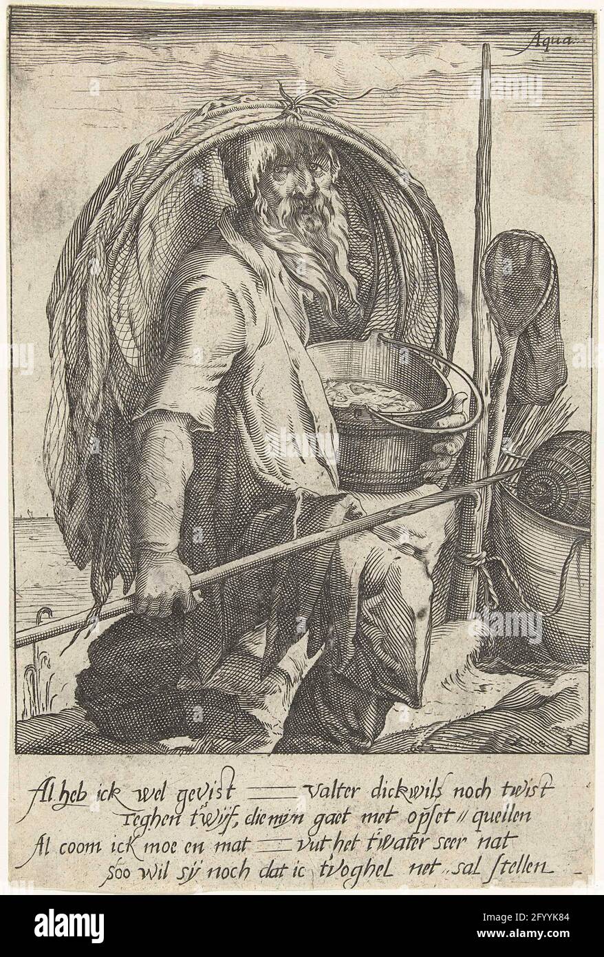 Water; Aqua; The four elements. A fisherman with his tools (just ...