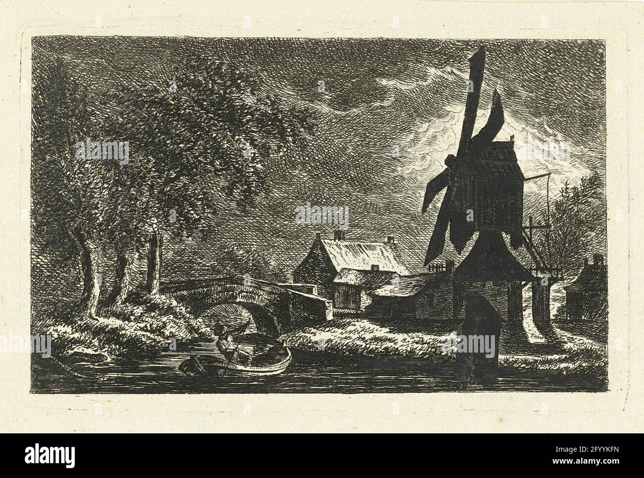 Landscape with mill at moonlight Stock Photo - Alamy