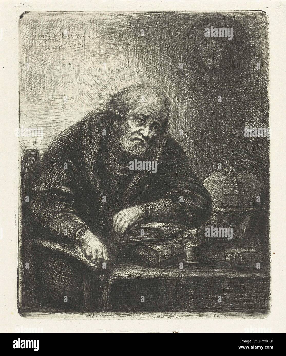 Old man at his desk. The portrait is from an old man. He is in line ...