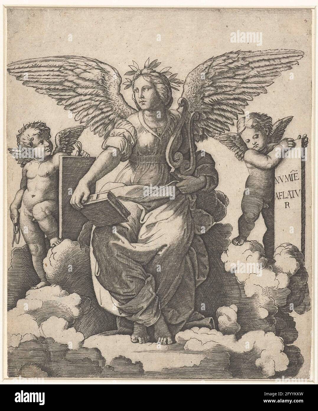 Winged woman as muse of poetry with book and winch sitting on clouds ...