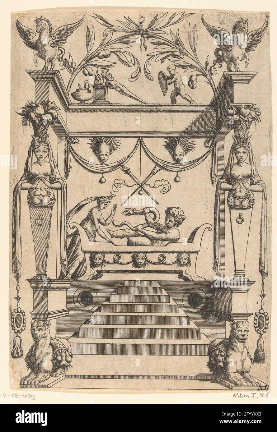Hercules as a child strangles a snake; Grotesque flat decorations with ...