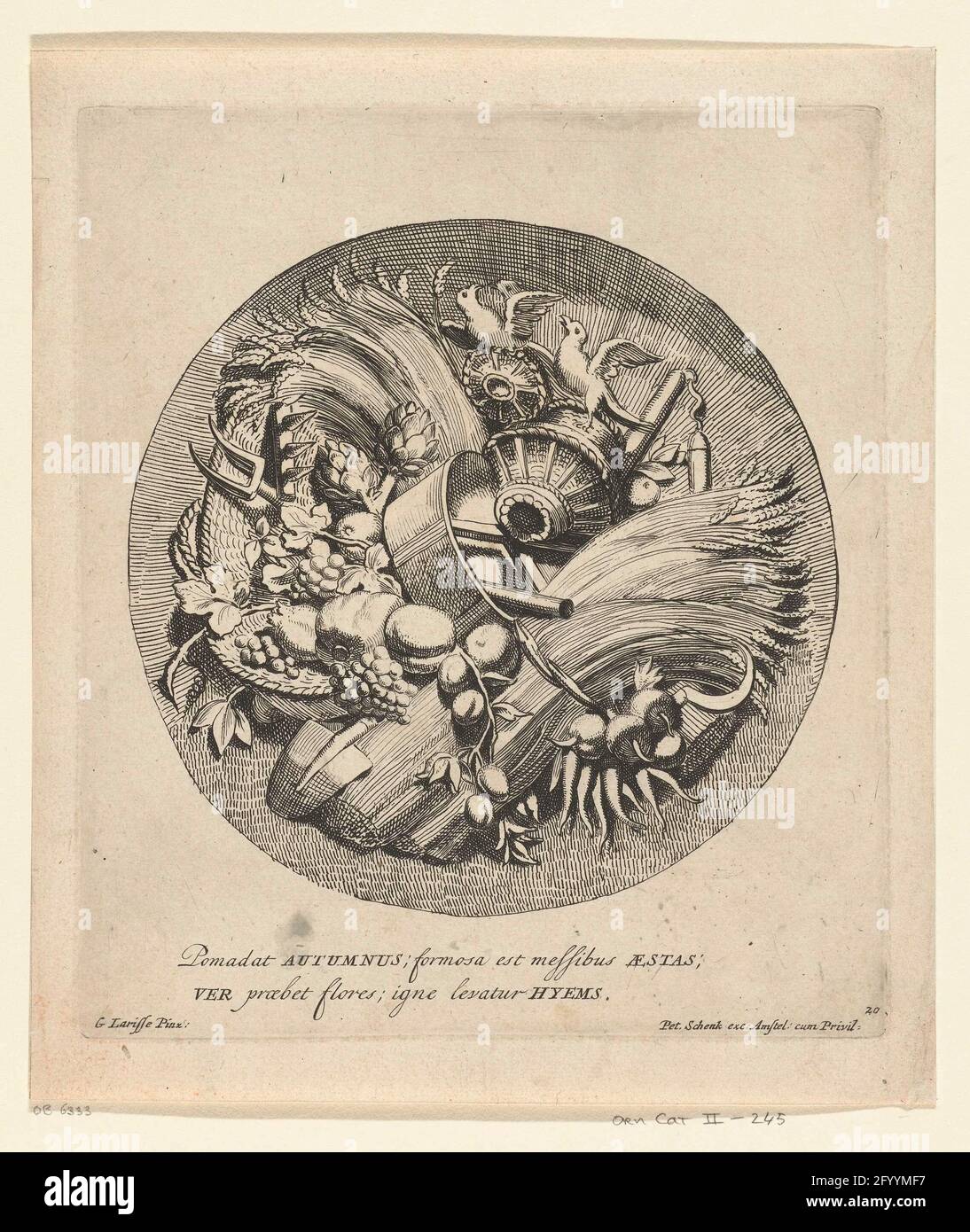 Round medallion with trophy of the four seasons; Pomadat Autumnus Stock ...