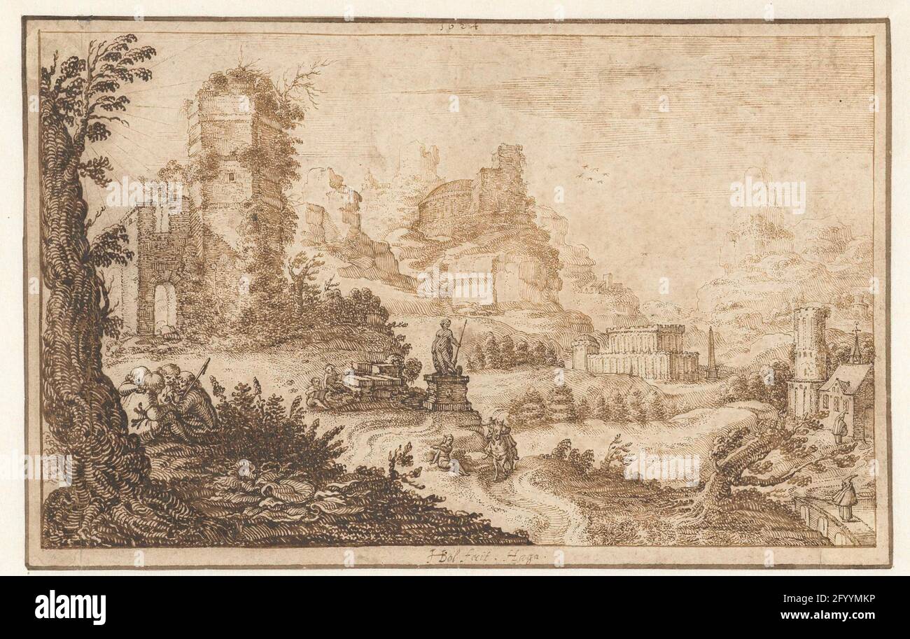 Landscape with ruins and a statue. Landscape with ruins and buildings ...