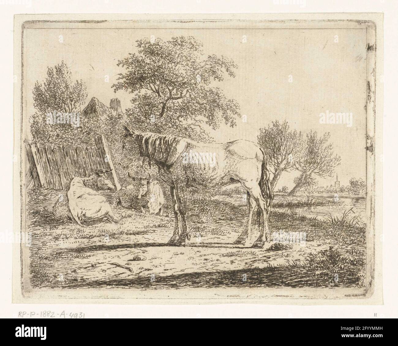 Landscape with horse and two cows at farm on water Stock Photo - Alamy