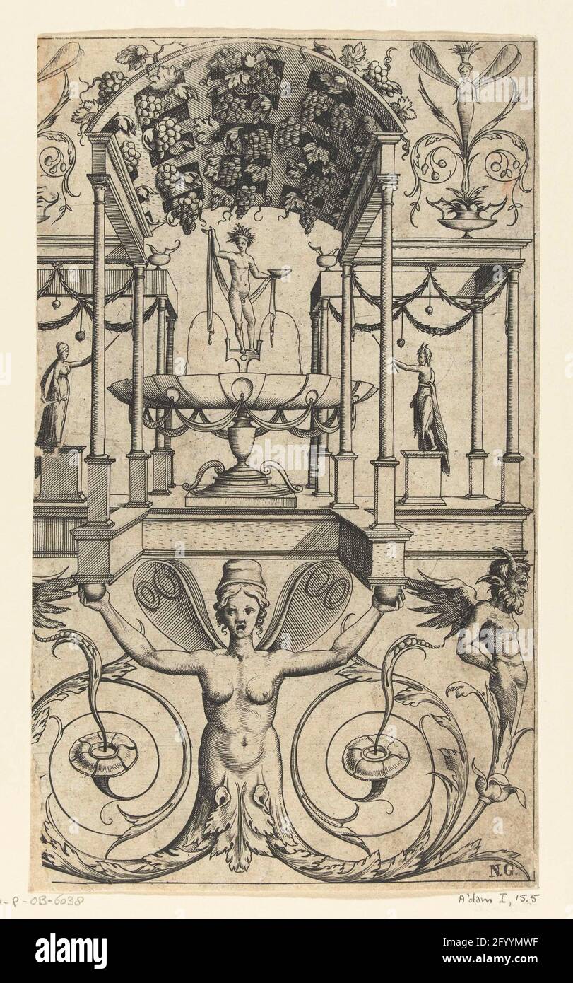 Winged woman with an lower body of leaf drinks a gazebar; Grotesque ...