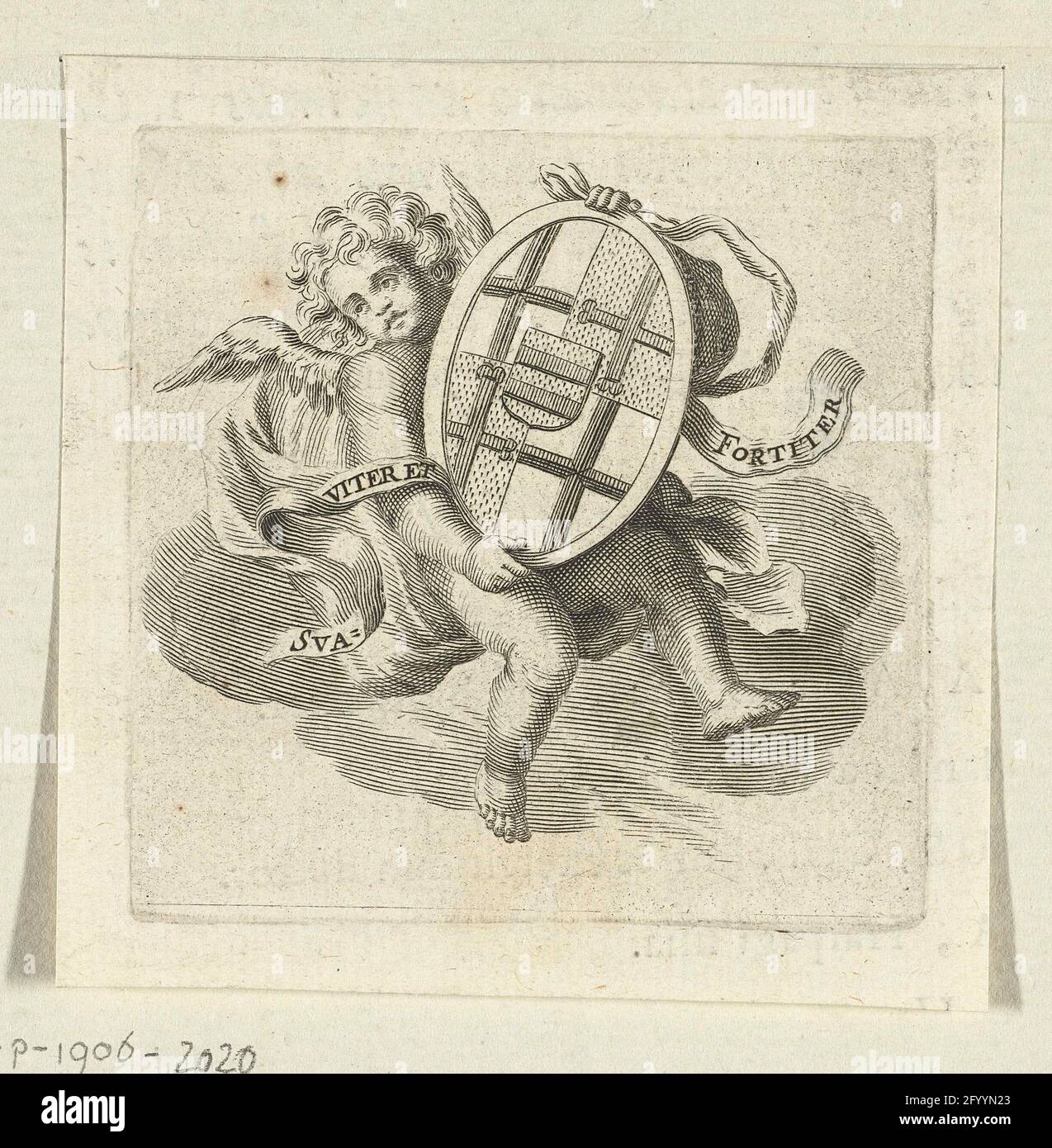 Cherub with weapon. A cherub holds a oval weapon with both hands and a ...
