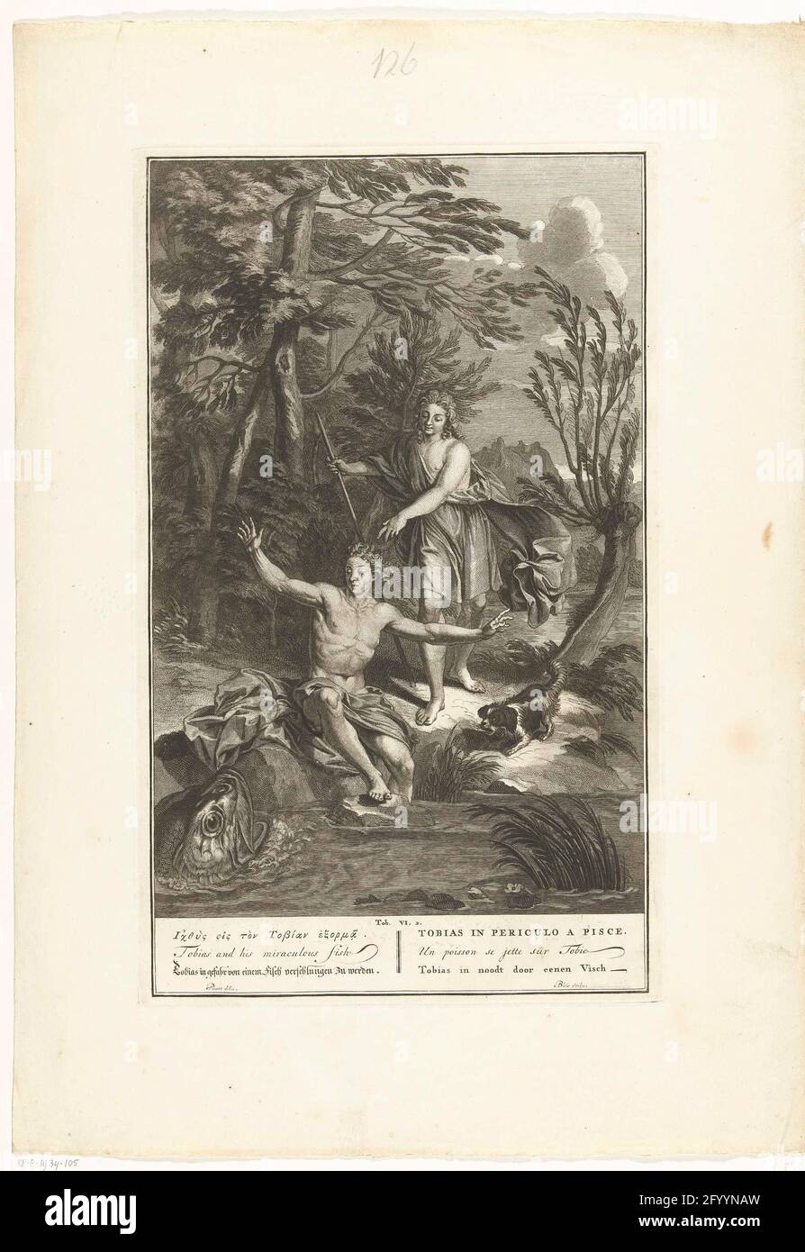 Tobias and the fish; Tobias in need by a visch. Tobias washes his feet ...
