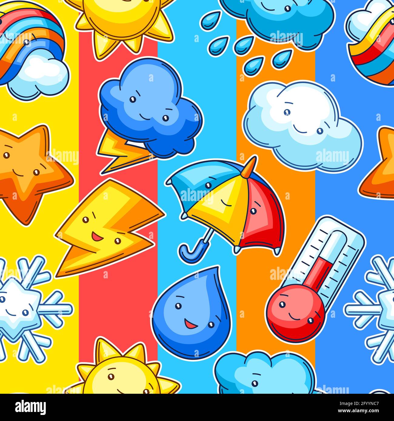 Seamless pattern with cute kawaii weather items. Funny seasonal child ...