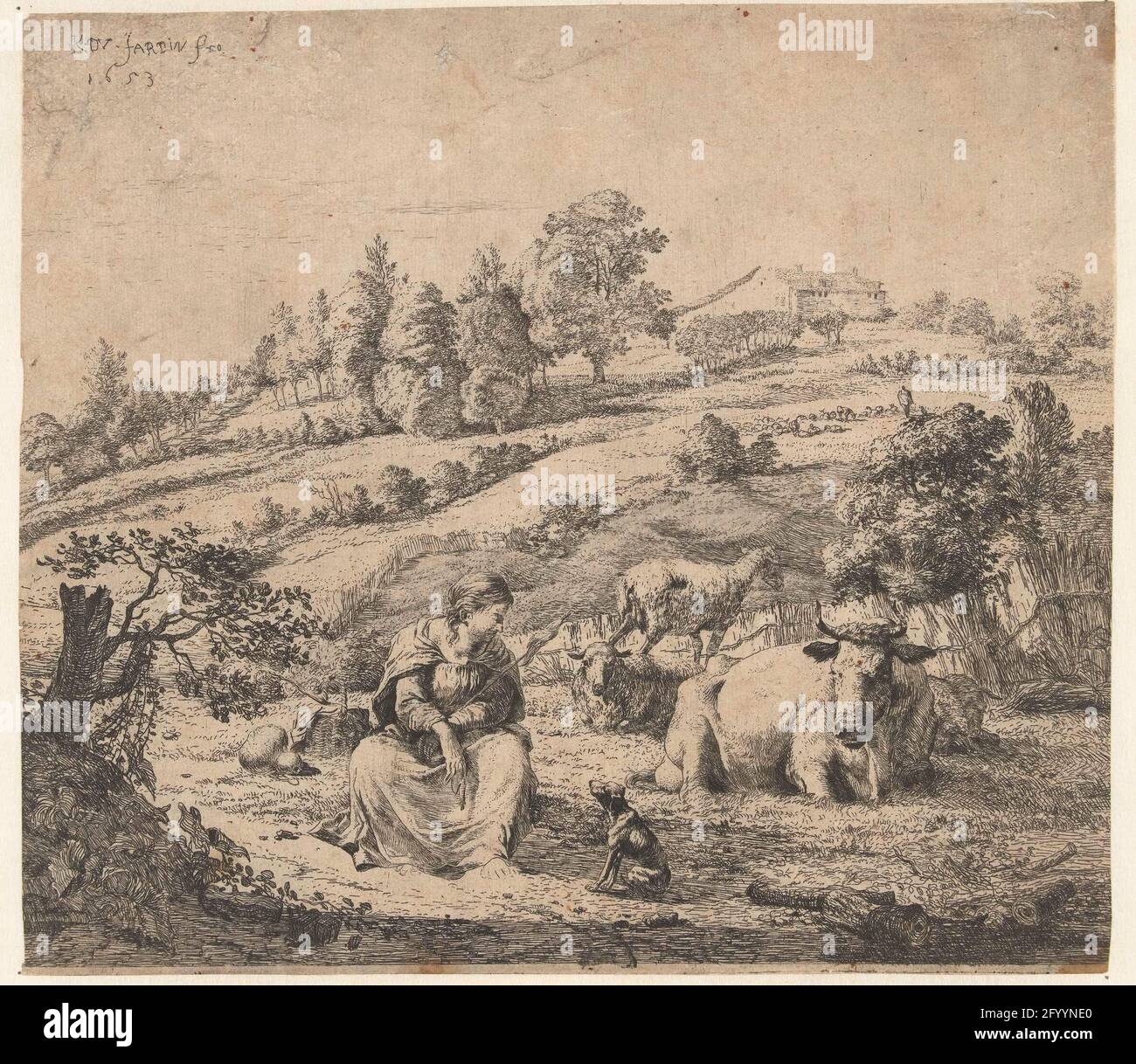 Hilland landscape with shepherdess and dog at a resting herd Stock ...