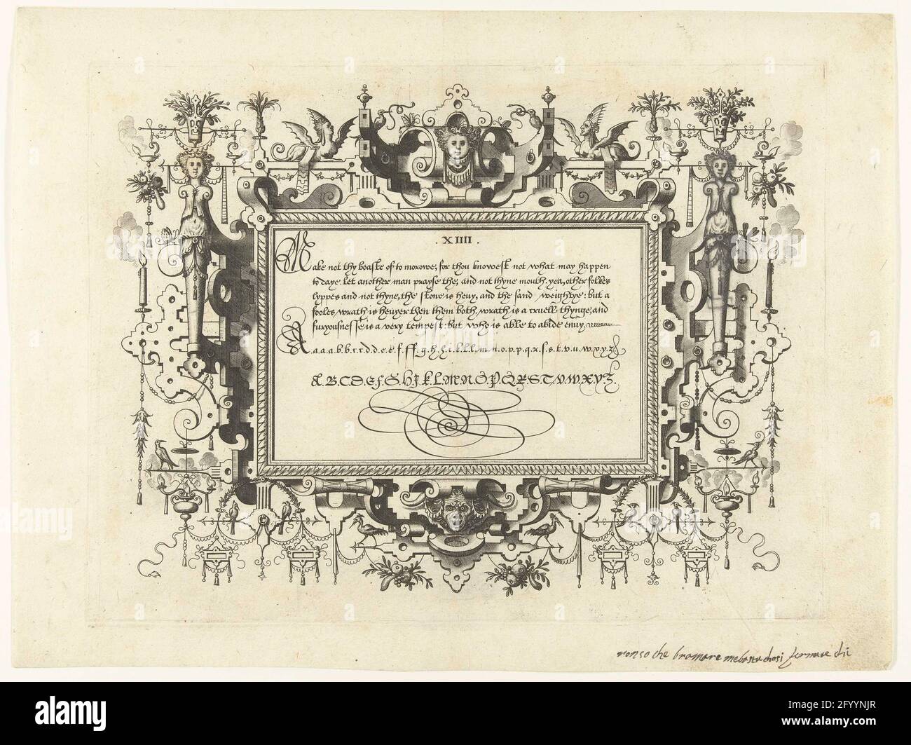 Cartouche with calligraphy, a female herme on either side; Exercitatio ...