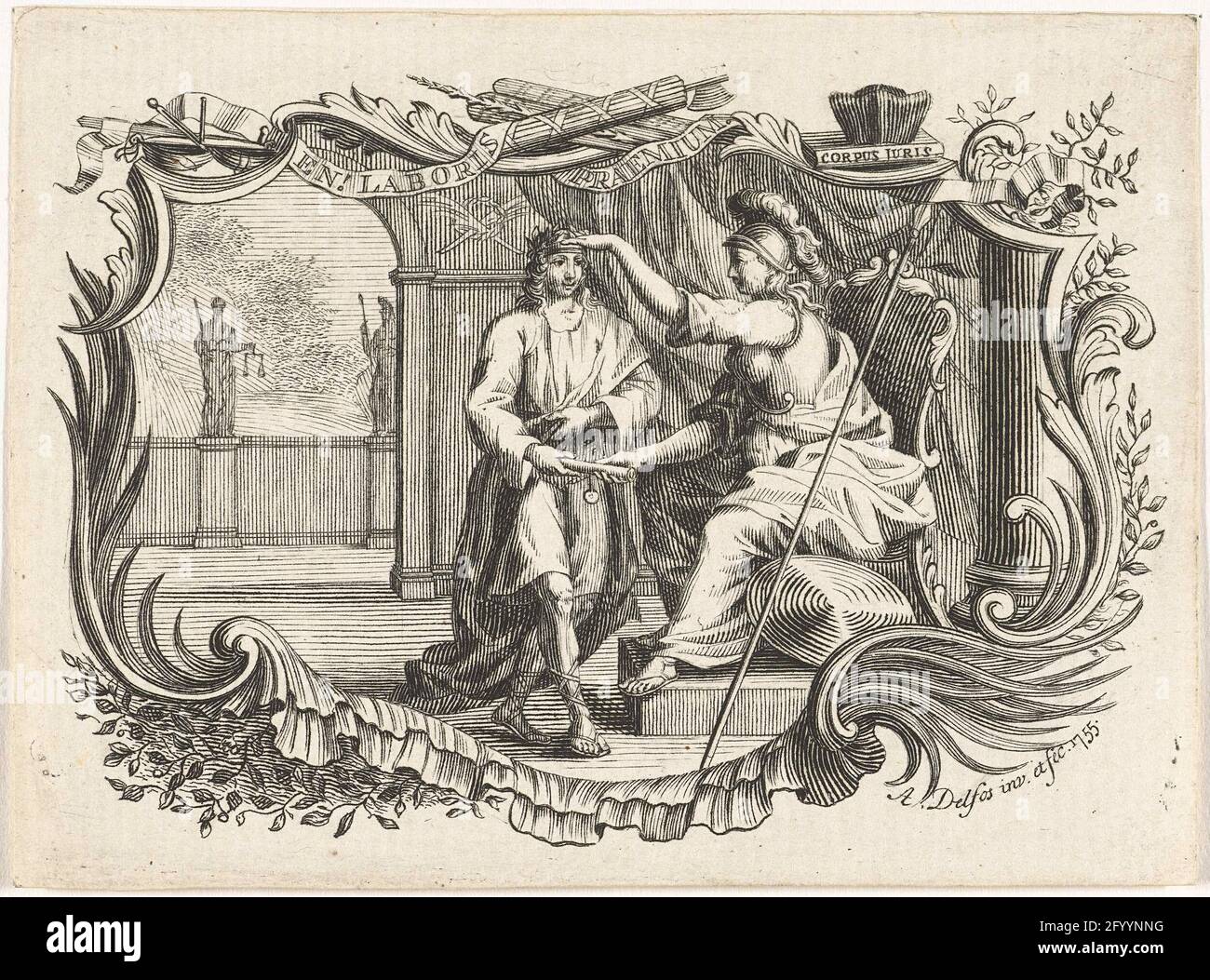 Minerva rewards or honors man for his work, in cartouche. Minerva ...