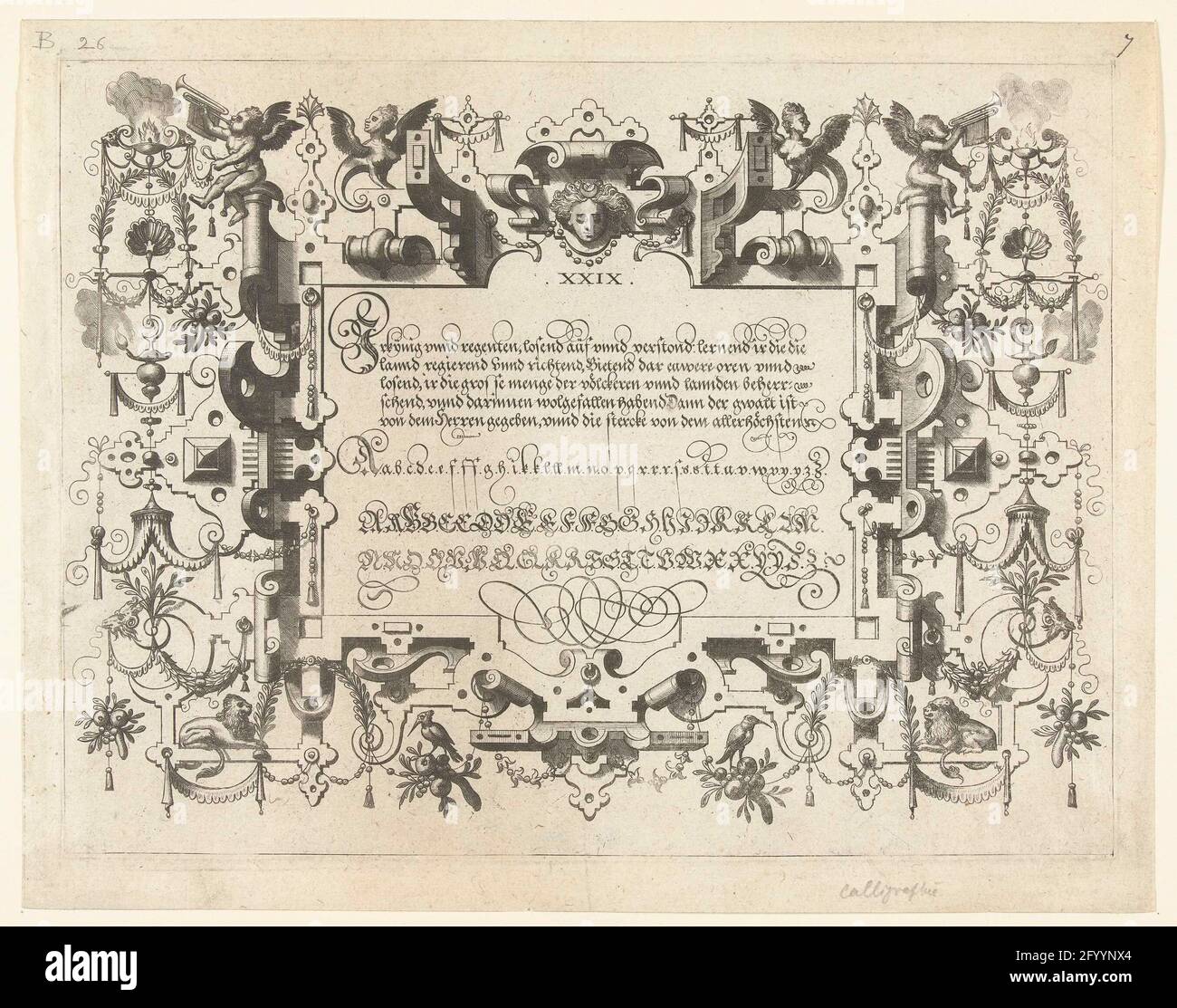 Cartouche with calligraphy, down two lions; Exercitatio Alphabetics ...