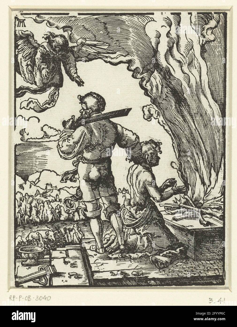 Abraham sacrifice. Abraham, seen on the back, standing with a sword ...