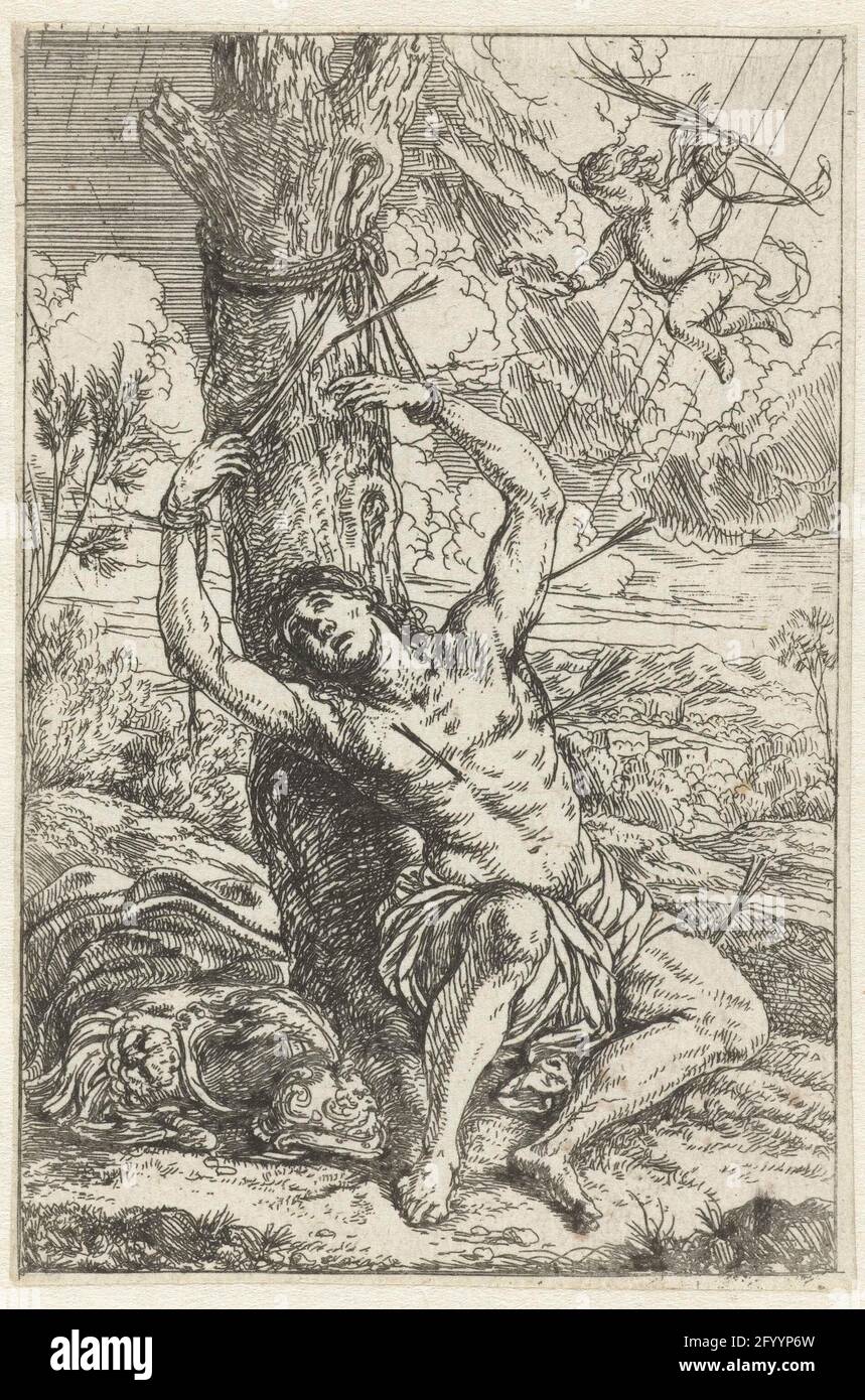 Martyrdom of Saint Sebastiaan. Sebastian, collapsed and tied to a tree ...