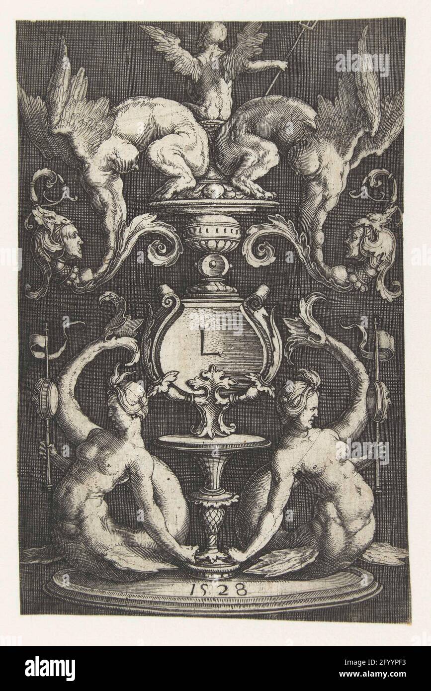 Ornament with two sirens. Two sirens in front of a candelabster. On top ...