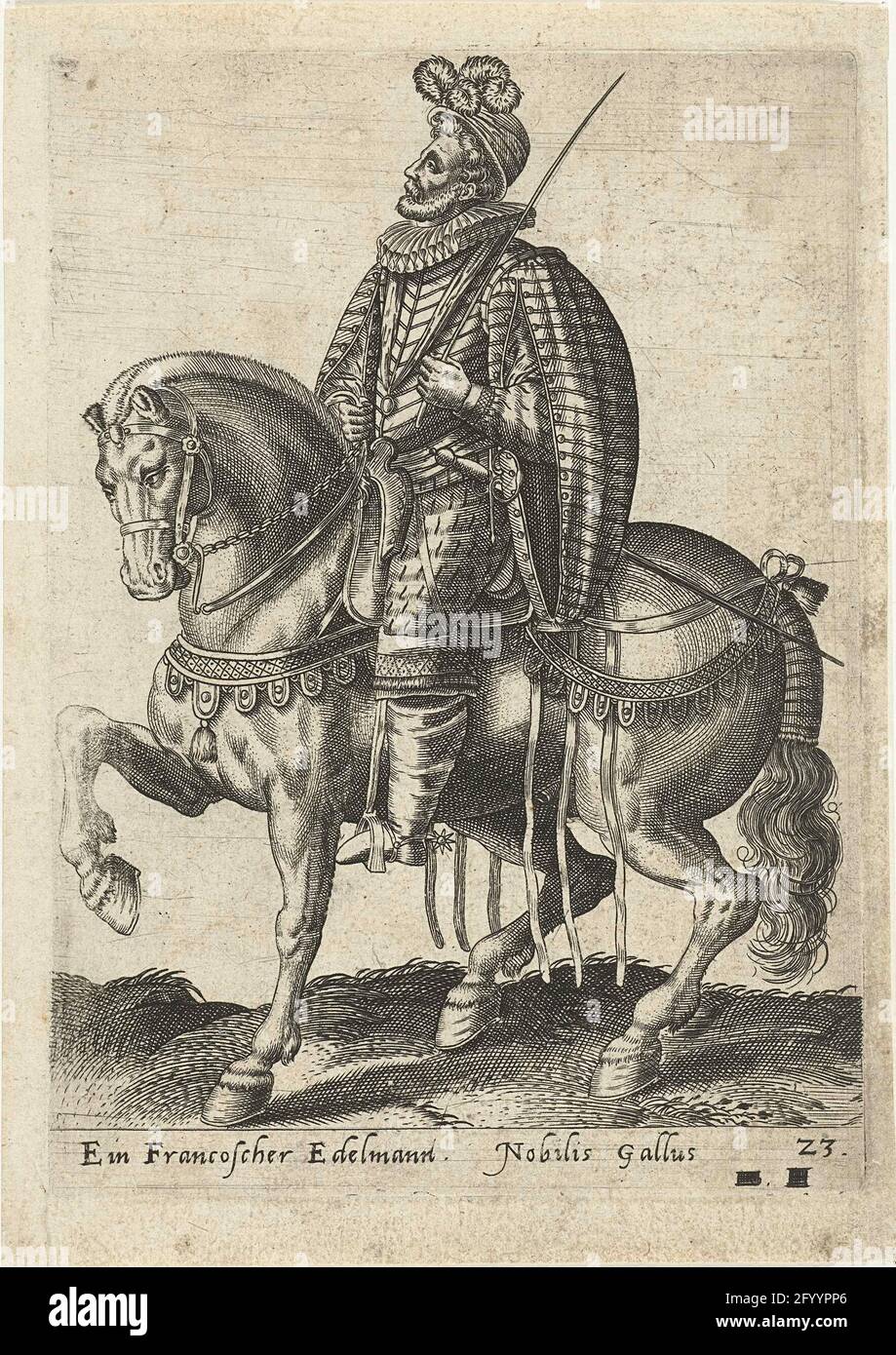 French nobleman on horseback. Horse and rider to the left. The horse is ...