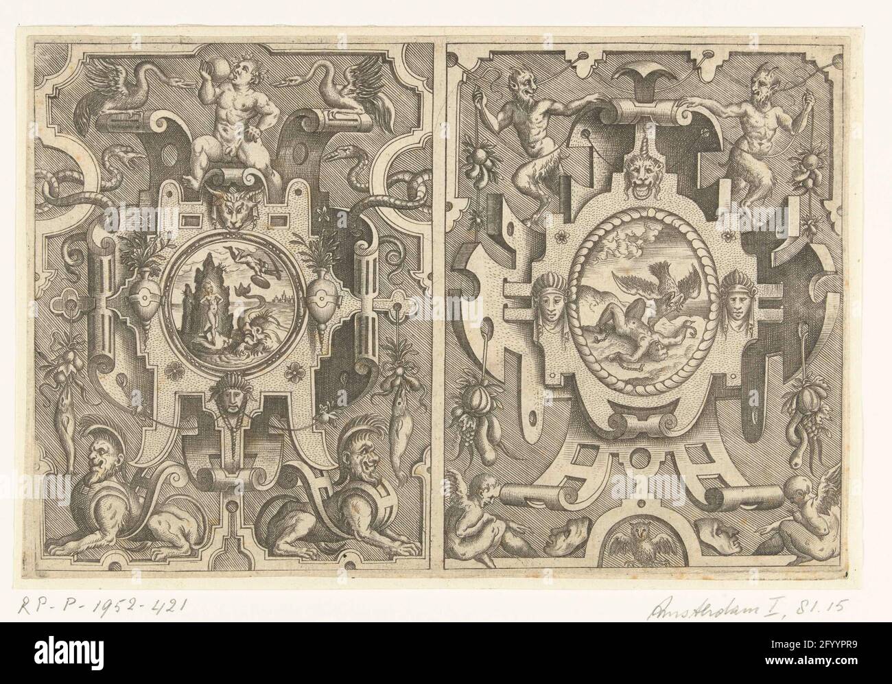 Two cartouches with mythological representations; Comperimentorum quod ...