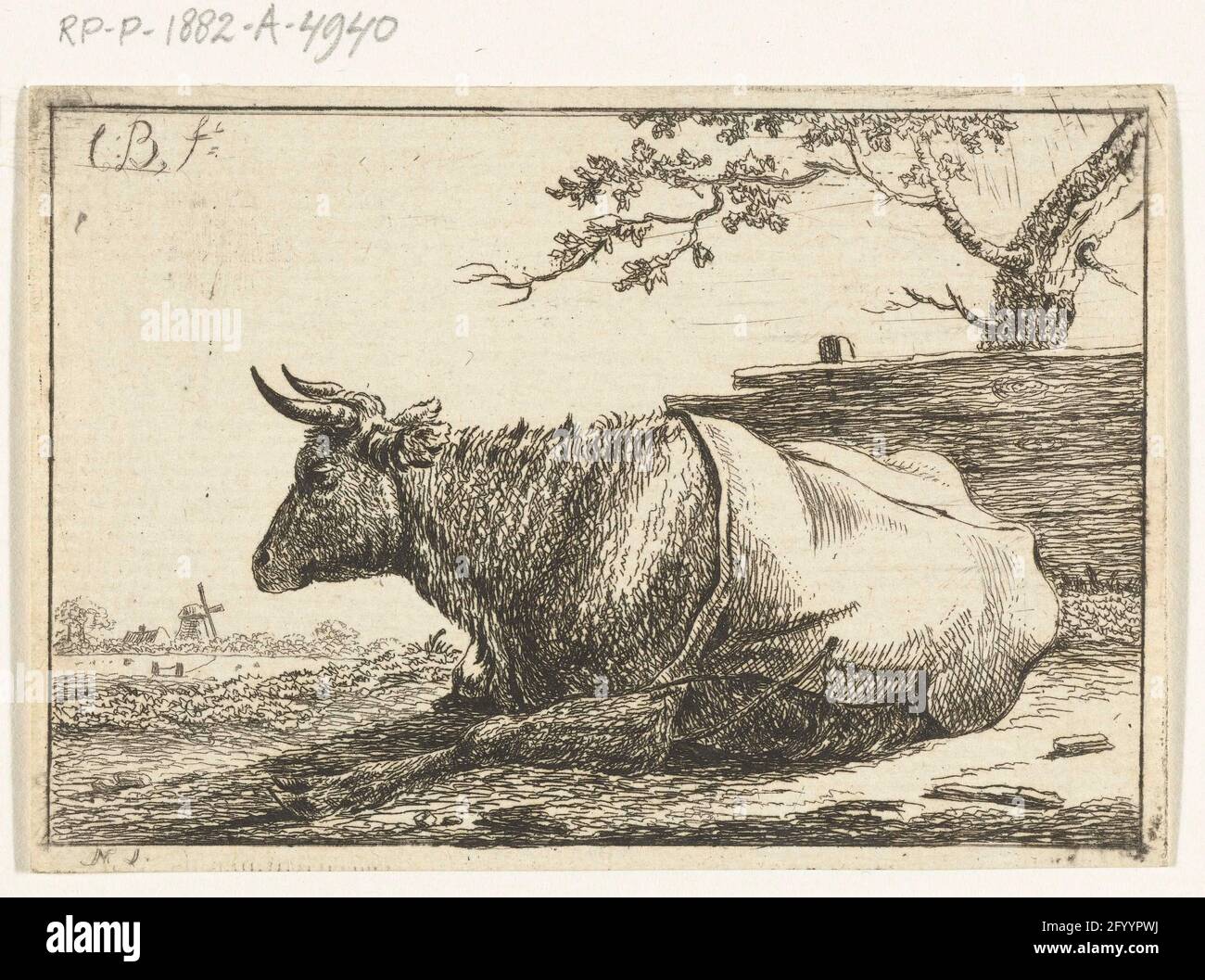 Landscape with lying cow with deck on the back Stock Photo - Alamy