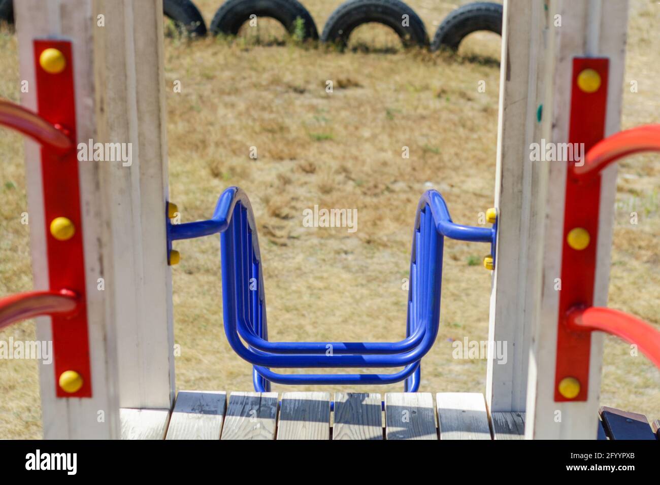 Defocus frame from toy house on playground. Countryside area. Stairs ...