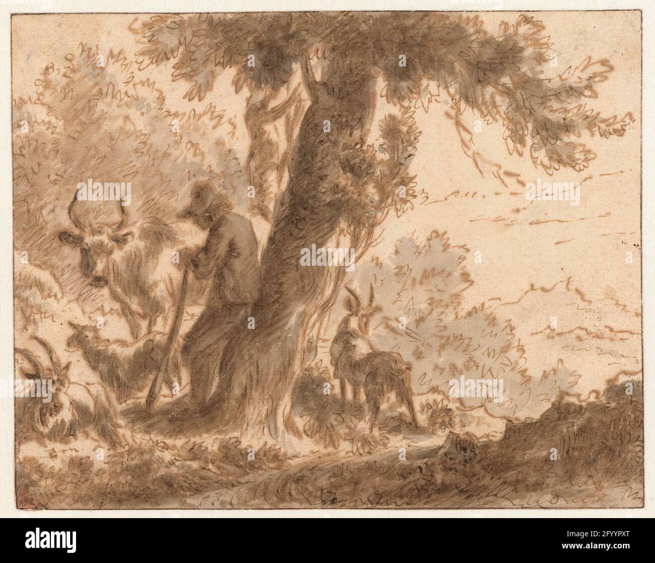 Shepherd and his cattle at a tree. Shepherd who leans against a tree is ...