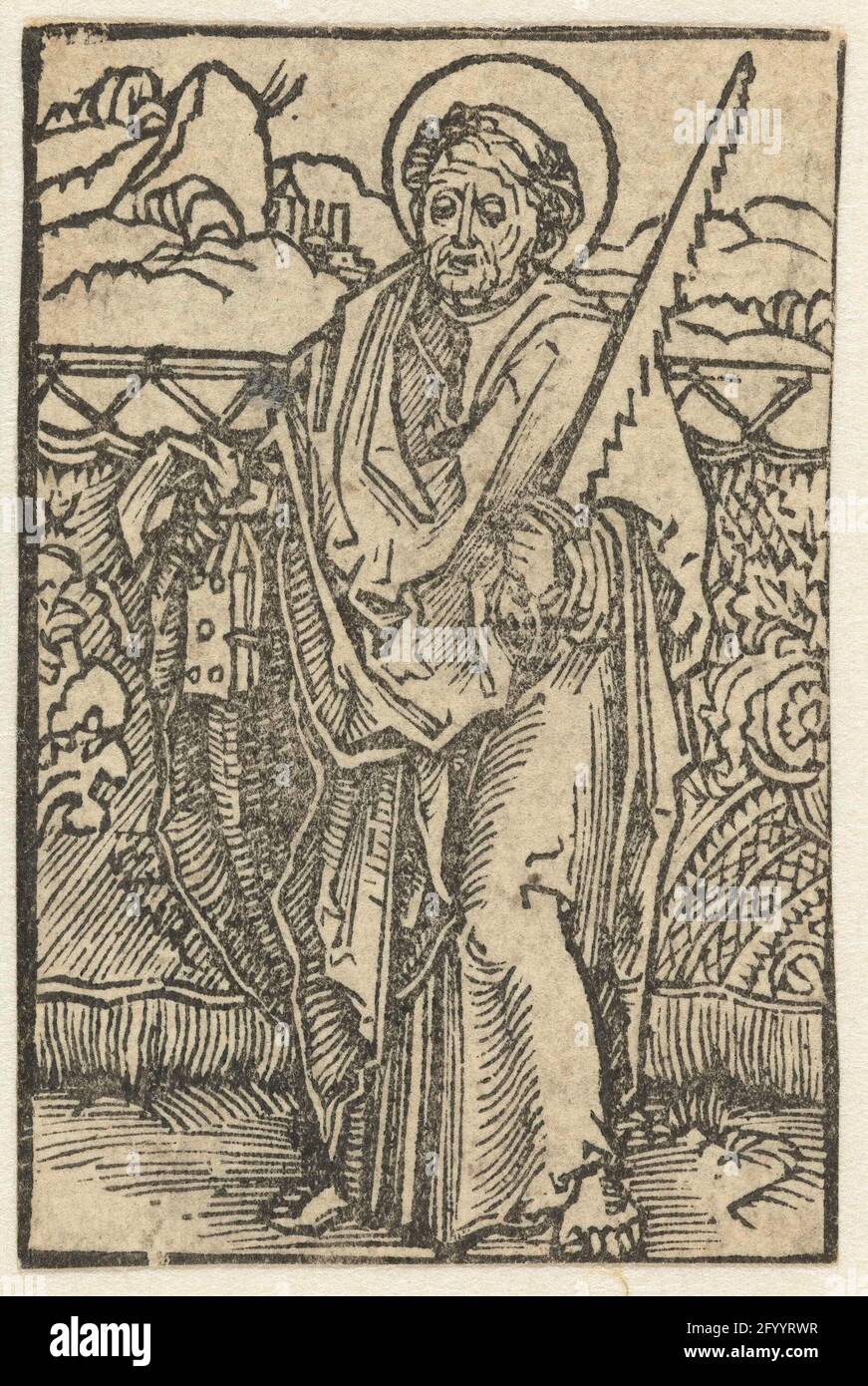 Apostle Simon. The apostle Simon with a saw and a book Stock Photo - Alamy