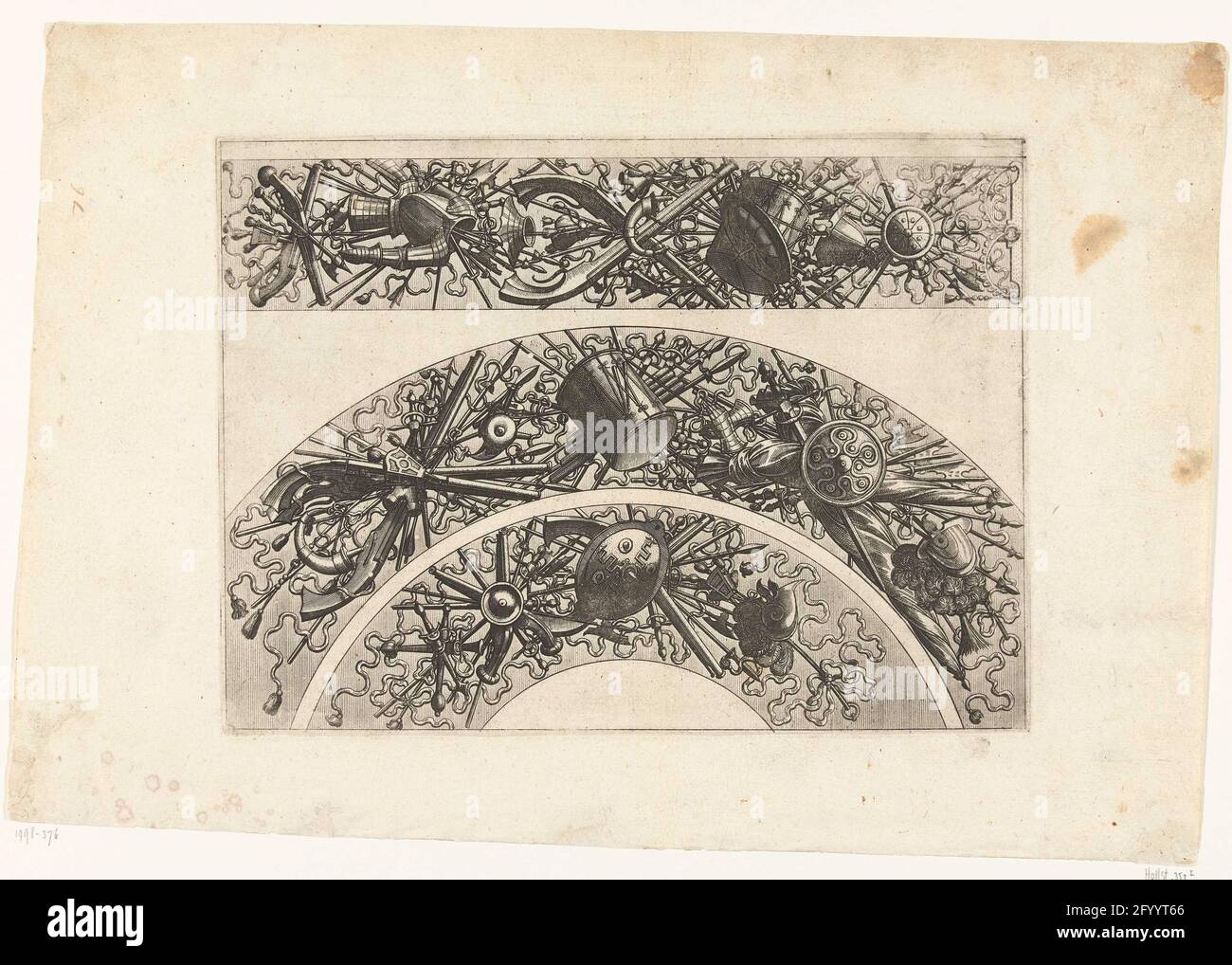 Two half circles with weapons and musical instruments trophies under a ...