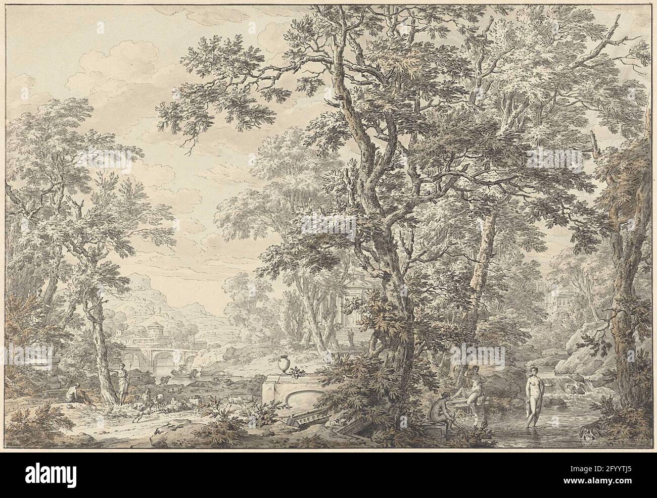 Arcadian landscape with shepherd and bathing women Stock Photo - Alamy