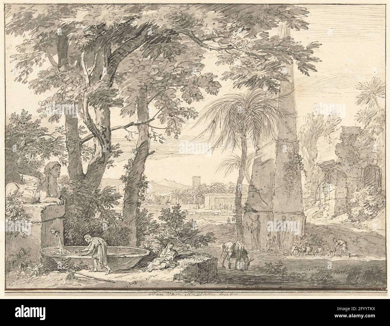 Arcadian landscape with an obelisk and a man at a fountain Stock Photo ...