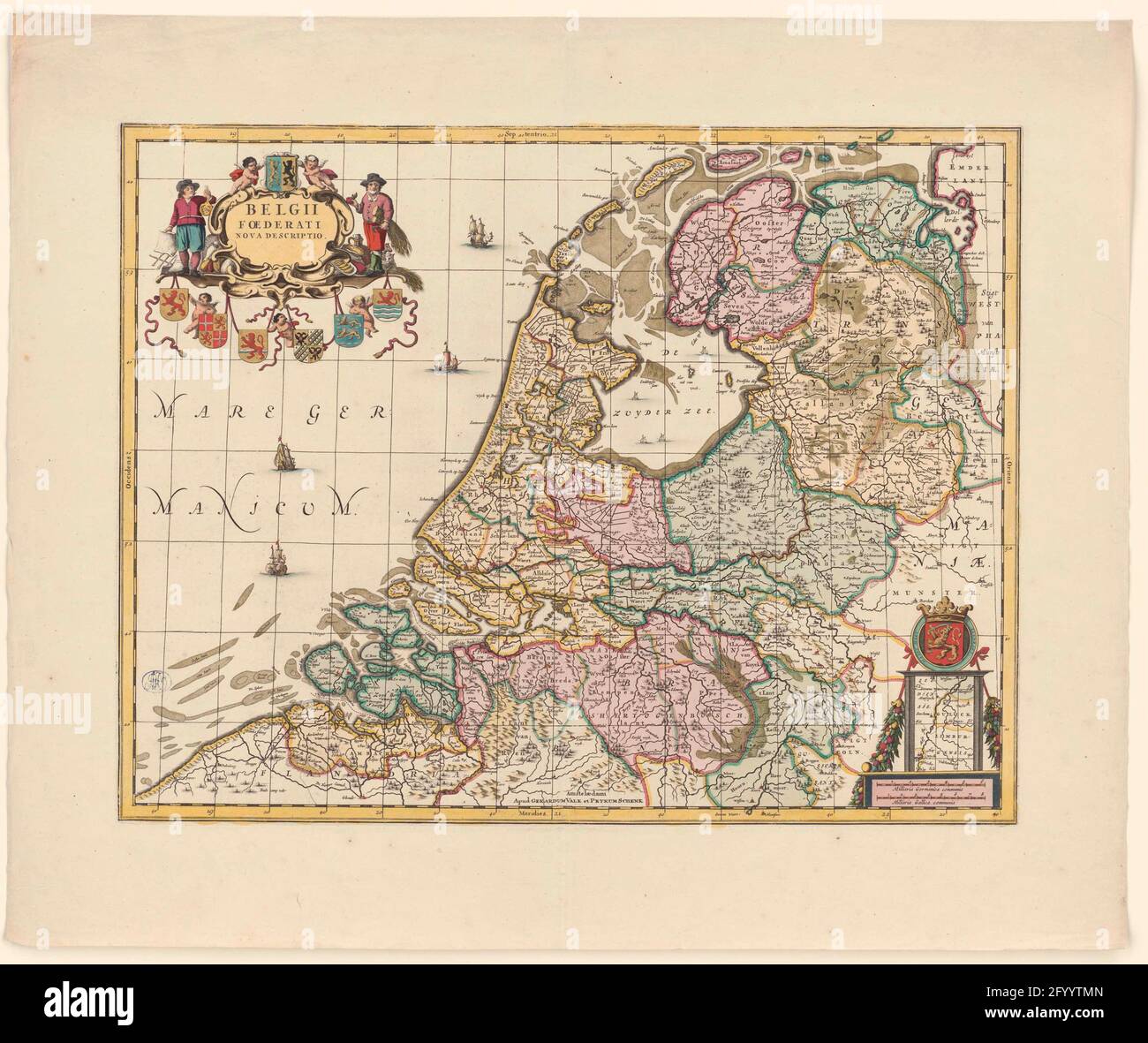 Belgium Foederati Nova Descriptio. Colored map of the seven provinces ...